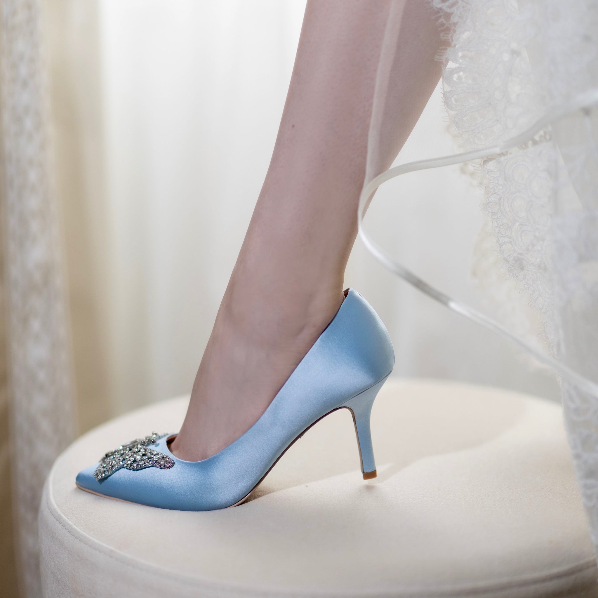 Designer Powder Blue Shoes for Women | Emilia Powder Blue Satin Heels
